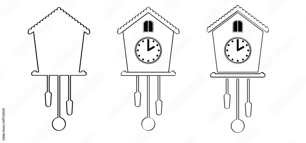 Cartoon cuckoo clock, wall clock sign. time icon. antique bird clock ...