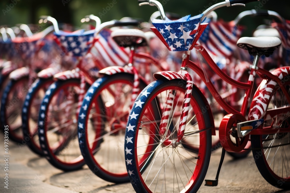 Bicycles parked in a row with American flags in the background ...