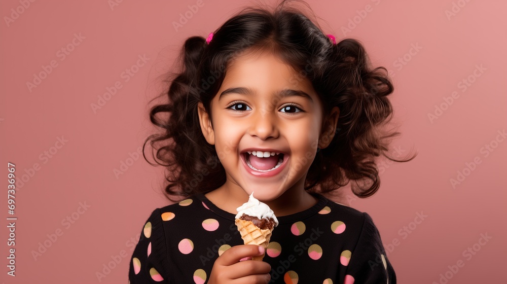 Ecstatic Indian girl with polka-dot dress enjoying a chocolate and ...