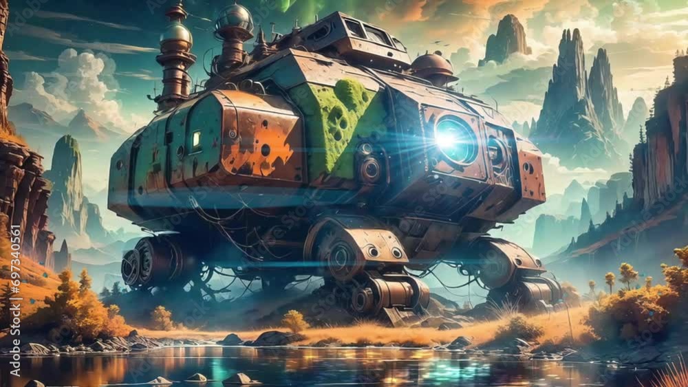 Fantasy sci-fi abandoned robot. Junk wreck transport robot with rusty ...
