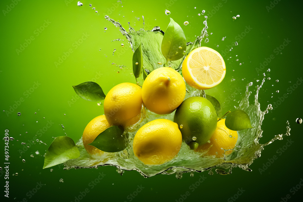 Fresh Lemons and limes falling with water splash on isolated green background Stock Photo ...