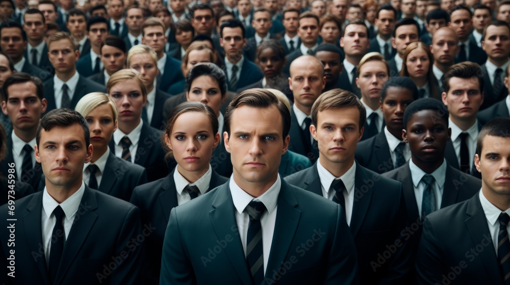 Group of professionals in suits with stern expressions, signifying ...