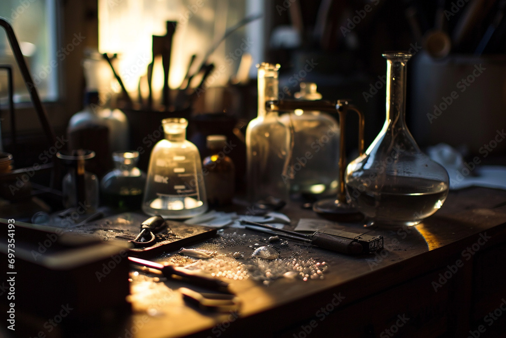 artistic composition of darkroom tools such as tongs, beakers, and ...