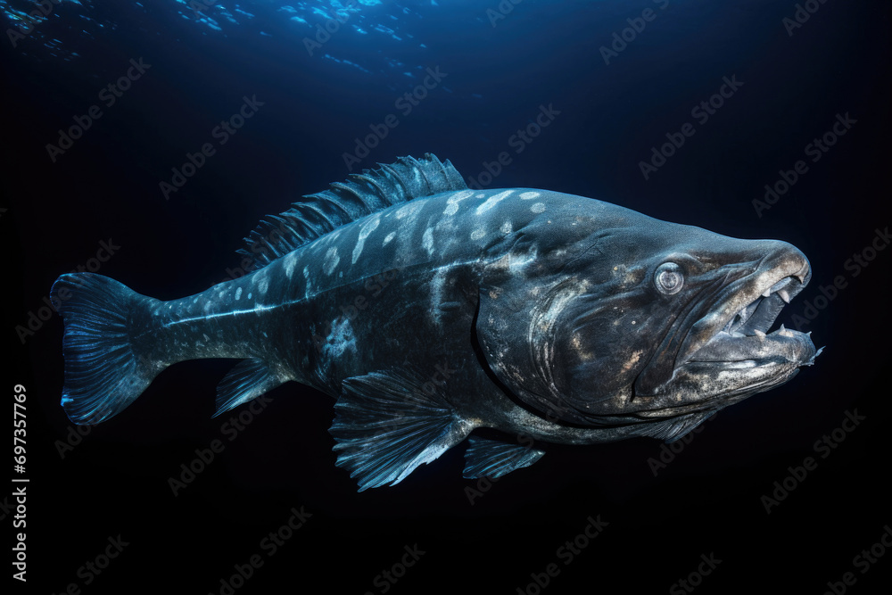 A Coelacanth, a rare and prehistoric fish species, in its deep-sea ...