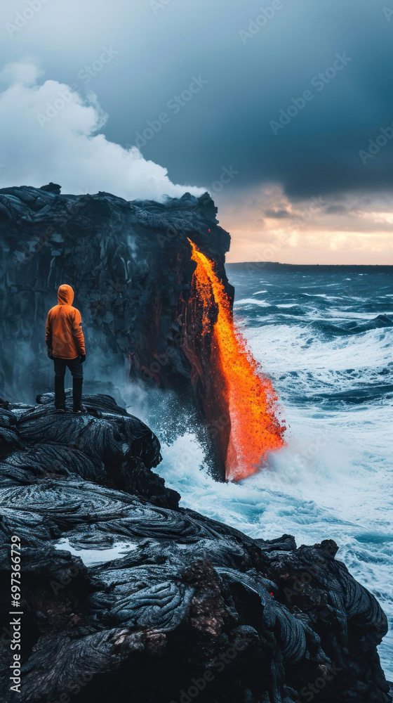 Lone trekker facing away, standing on a volcanic plateau, watching a ...