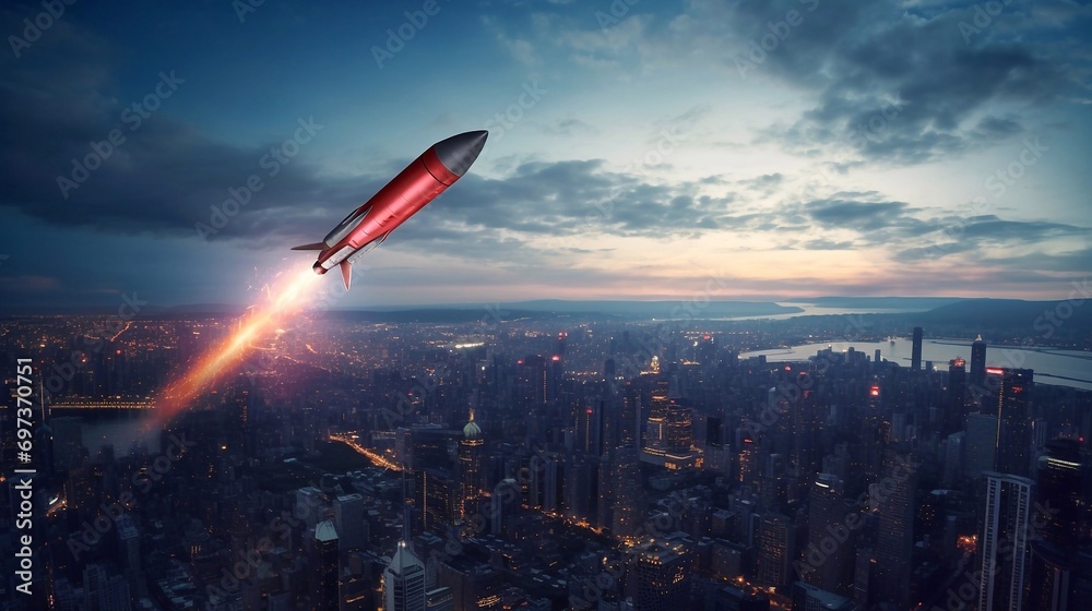The flight of a ballistic missile over the houses in the city. A rocket ...