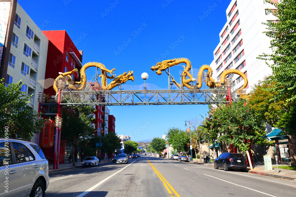Los Angeles, California: The Dragon Gate of Chinatown of architect Rupert Mok. The Chinatown ...