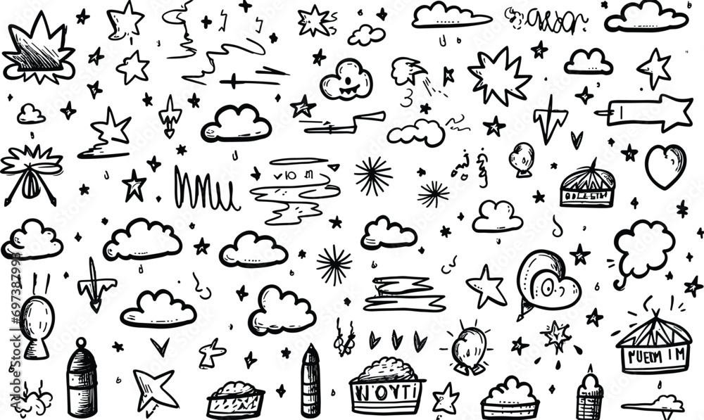 Charcoal Pen Liner Doodles of Emphasis Arrow, Speech Bubbles ...