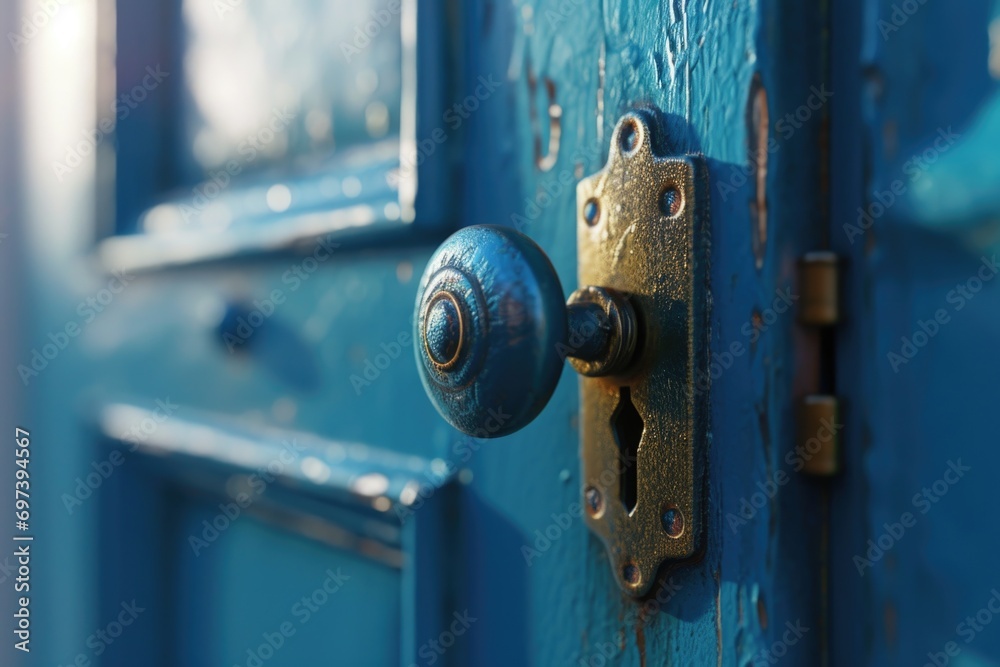 A close-up view of a door handle on a blue door. This image can be used ...