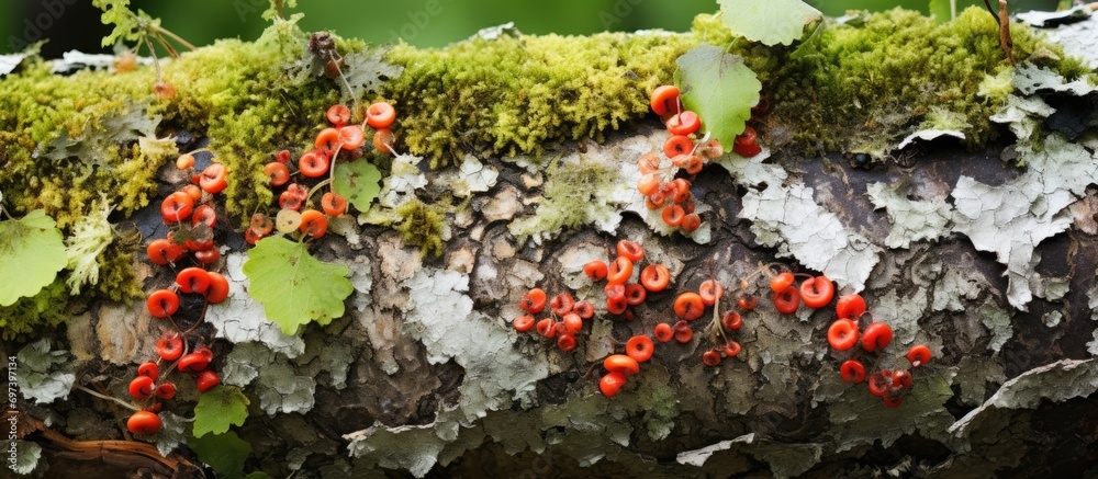 Infested apple tree bark with lichens depicts fruit tree disease in a ...