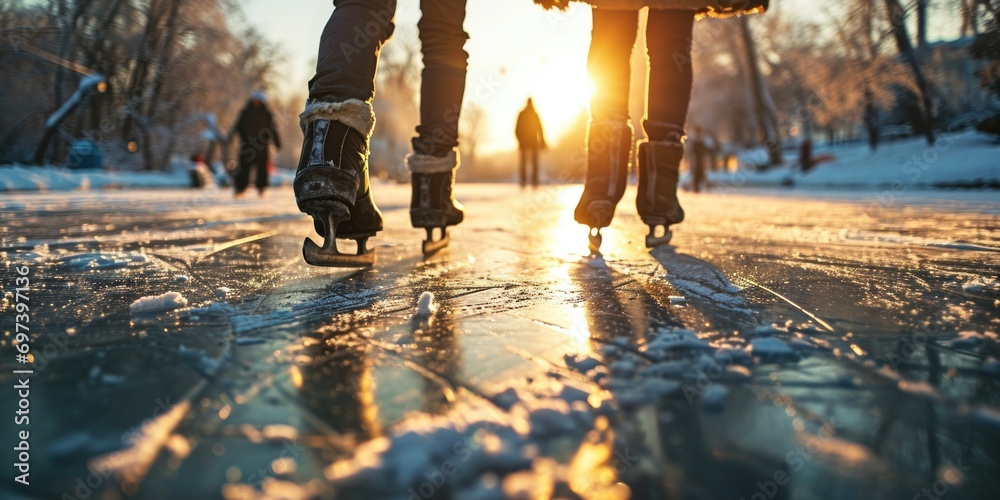 A picture of a couple gracefully skating down a snow-covered street ...
