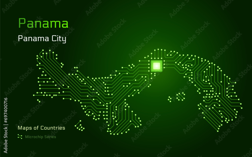 Panama Map with a capital of Panama City Shown in a Microchip Pattern ...