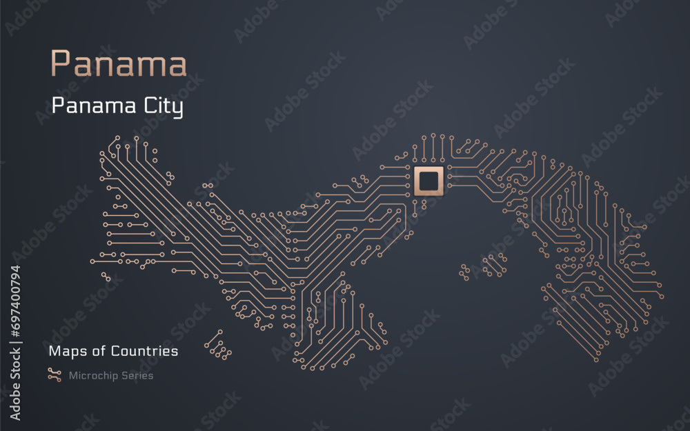 Panama Map with a capital of Panama City Shown in a Microchip Pattern ...