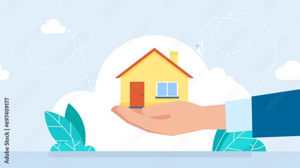 Cartoon hand holding the house mortgage loan. Real estate agent gives ...