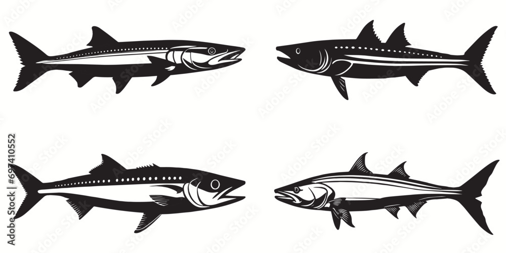 Barracuda silhouettes and icons. black flat color simple elegant white ...