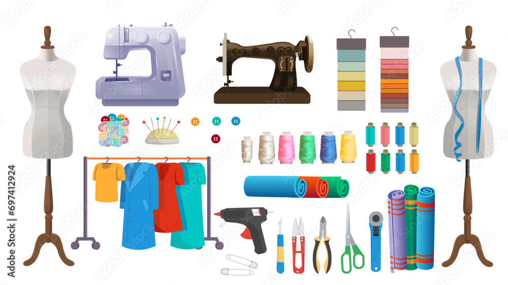 Sewing set with sewing machine, mannequin, clothes on a hanger, threads ...