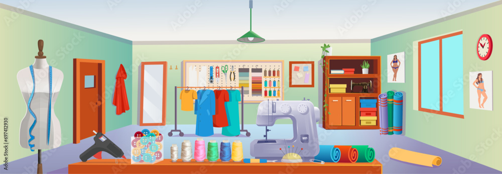 Sewing studio with sewing machine, mannequin, clothes on a hanger ...