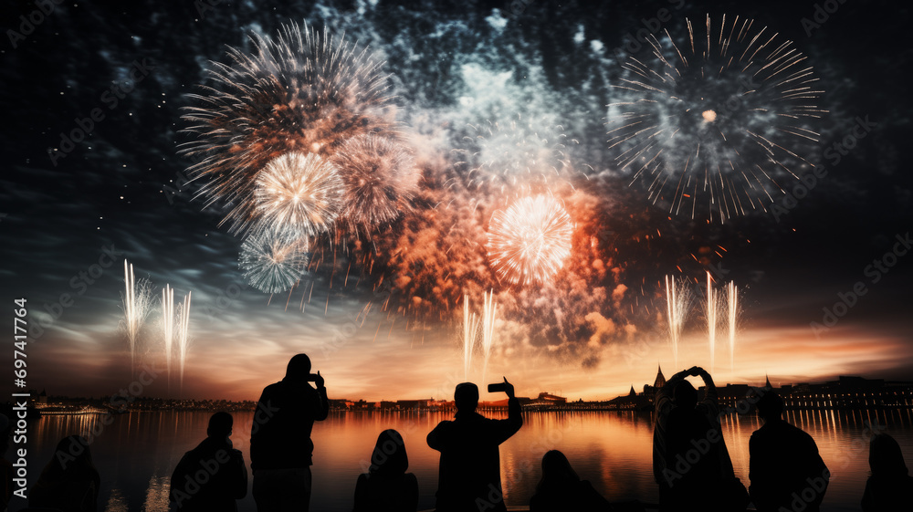 Firework explosion in the night sky celebrating happy new year 2024 ...