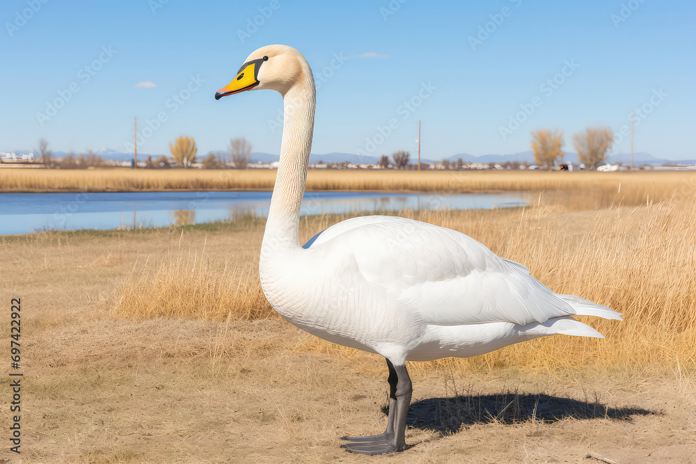 A baby swan gliding gracefully across a serene lake, leaving a trail of ...