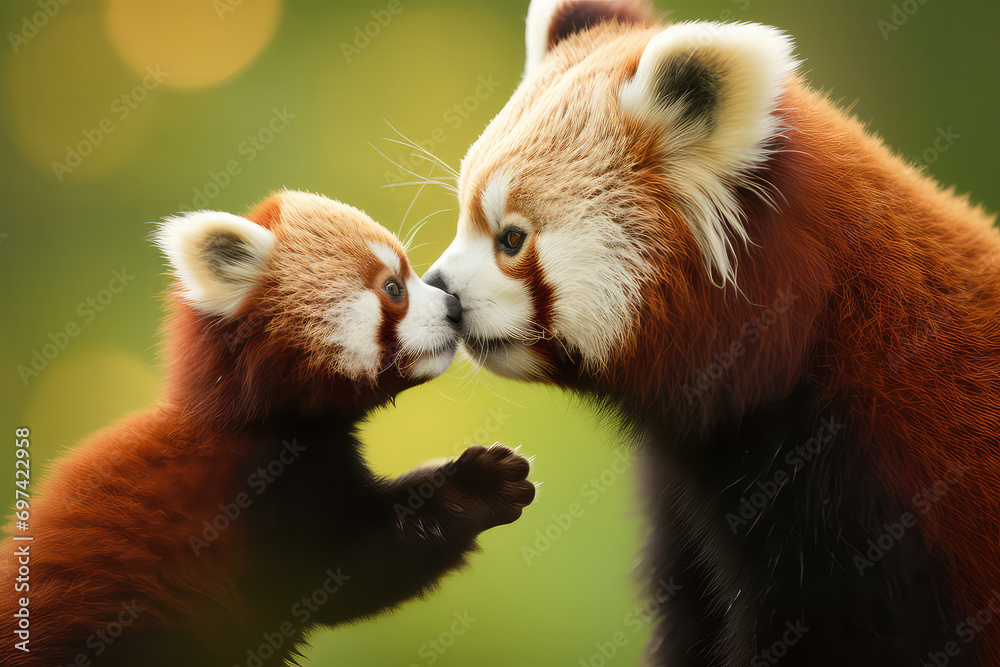 A baby red panda climbing a tree, testing its climbing skills under the ...