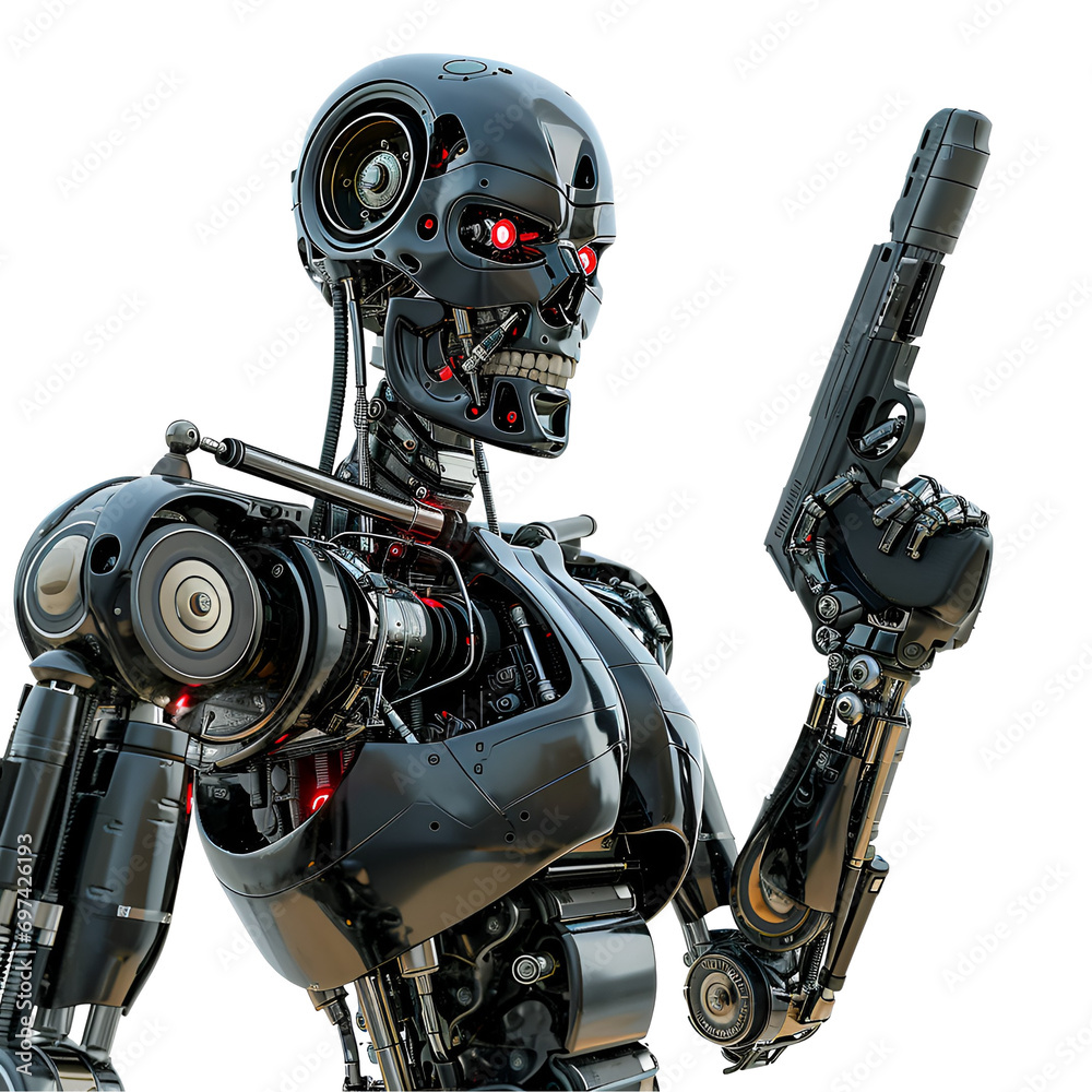The Evil Robot Humanoid: A Portrait of an Angry Steel Android with Red ...