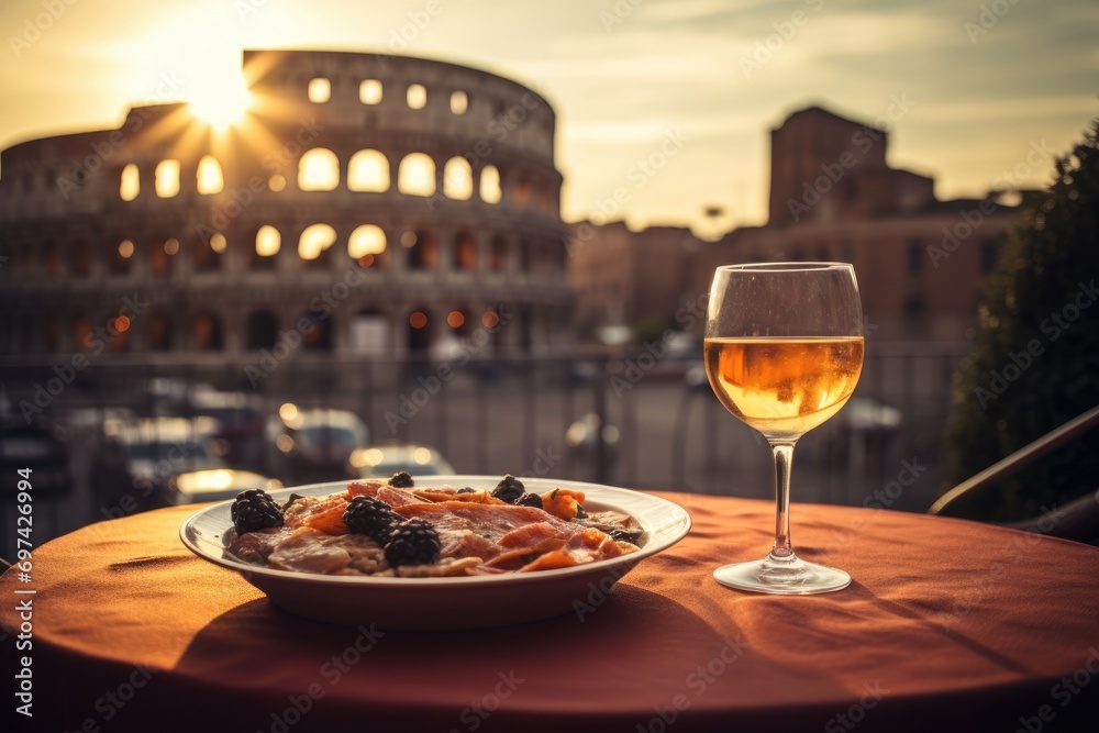 Culinary Flavors in Rome: A Rustic Table at a Cozy Café, Accompanied by ...