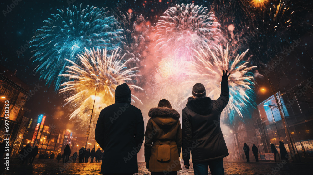 Firework explosion in the night sky celebrating happy new year 2024 ...
