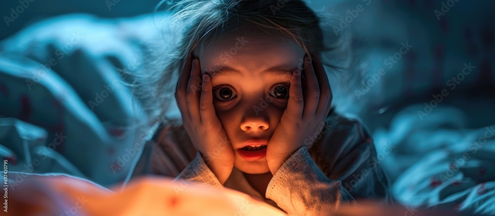 Child experiencing night terrors and displaying fear by covering face ...