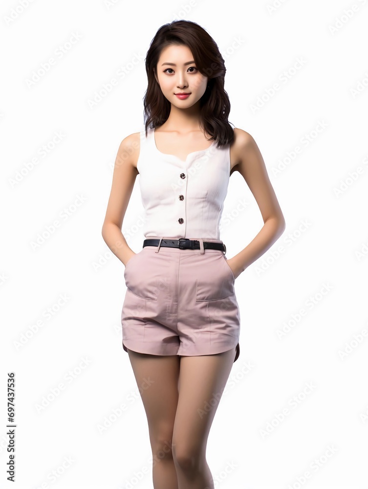 Beautiful Japanese female model with pure white skin, as a clothing model photo, beautiful smile ...