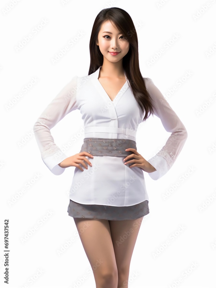 Beautiful Japanese female model with pure white skin, as a clothing model photo, beautiful smile ...