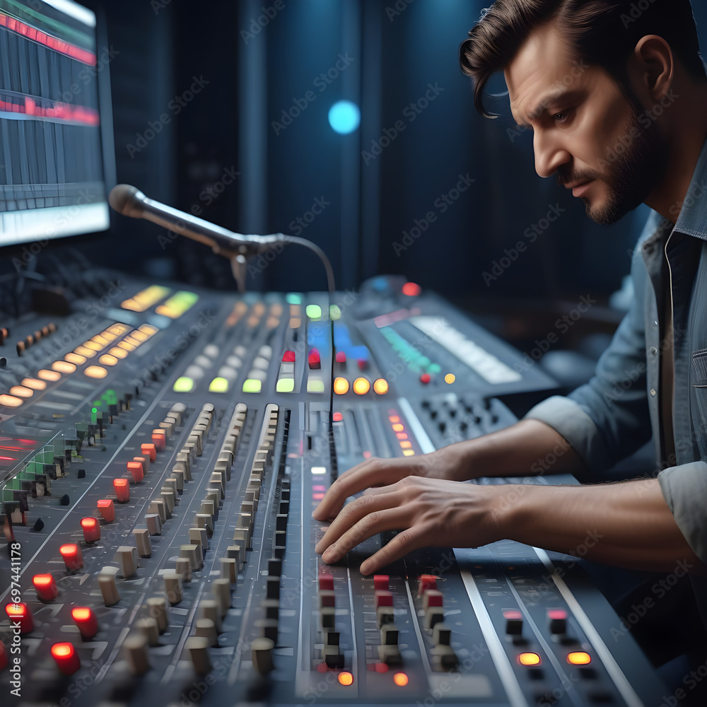 Aman works behind a professional sound mixing board in a recording ...