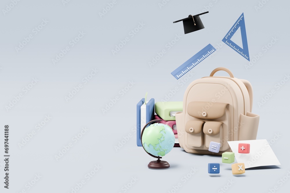 Back to school concept. brown backpack with books, graduation Cap ...