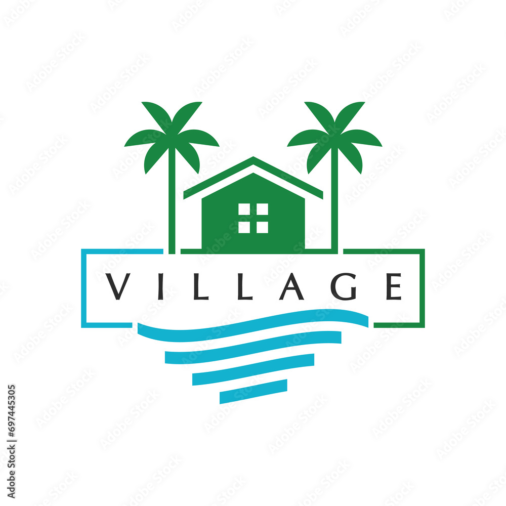 Village logo, house and beach design template for village, hotel and ...