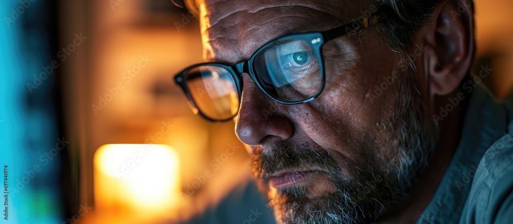 Stockfoto A serious man with poor eyesight is squinting at screens ...