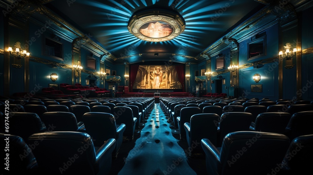 Empty cinema hall in blue color with a white blank screen. Mockup of ...