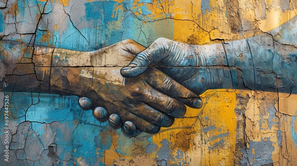 A faded mural on a city wall depicting a handshake between diverse ...