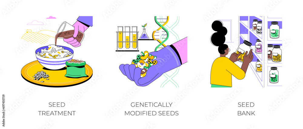 Seed treatment and modification isolated cartoon vector illustrations ...