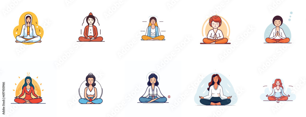 Set of meditation girl icon. black and white. logo for meditation girl ...