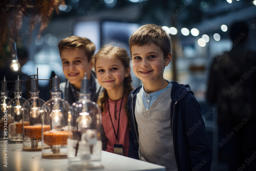 Two siblings, a girl, and a boy, participating in a science fair ...