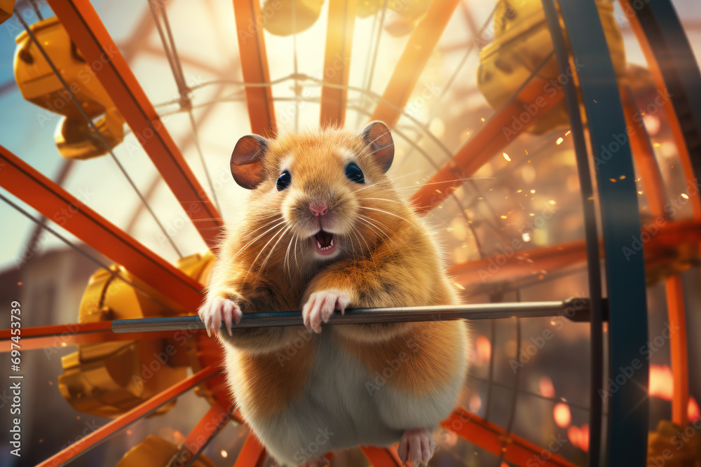 A vibrant and active hamster spinning on its wheel, portraying the ...