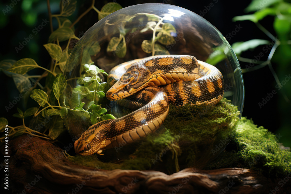 A graceful ball python coiled around a branch in its terrarium ...