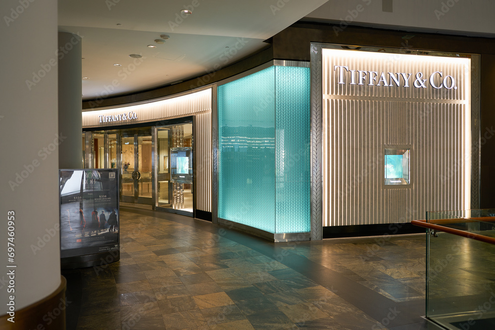 SINGAPORE - NOVEMBER 05, 2023: Tiffany and Co storefront inside the Shoppes at Marina Bay Sands ...