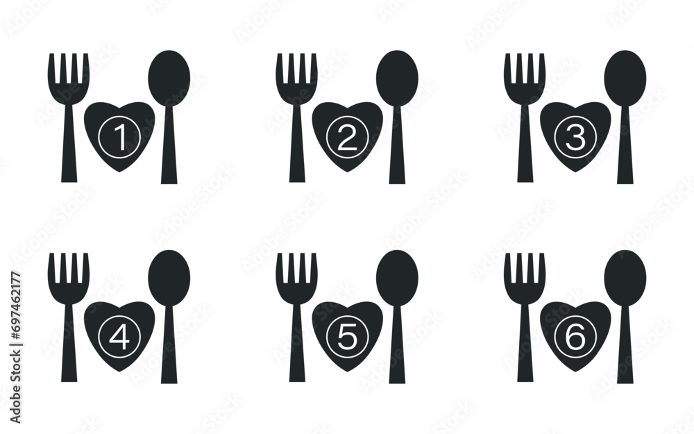 Dish portion number symbol with heart icon, fork and spoon. Stock ...