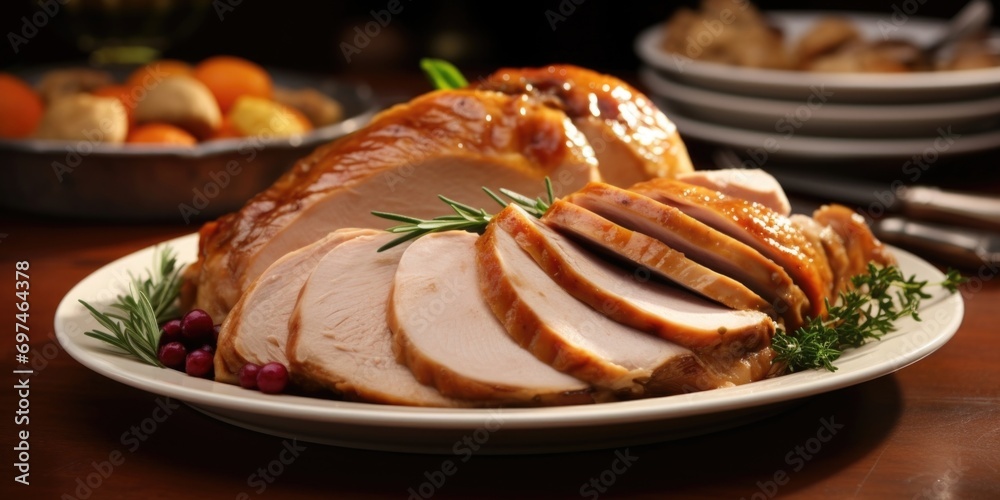 A tempting plate of carved roast turkey, showcasing slices of moist ...