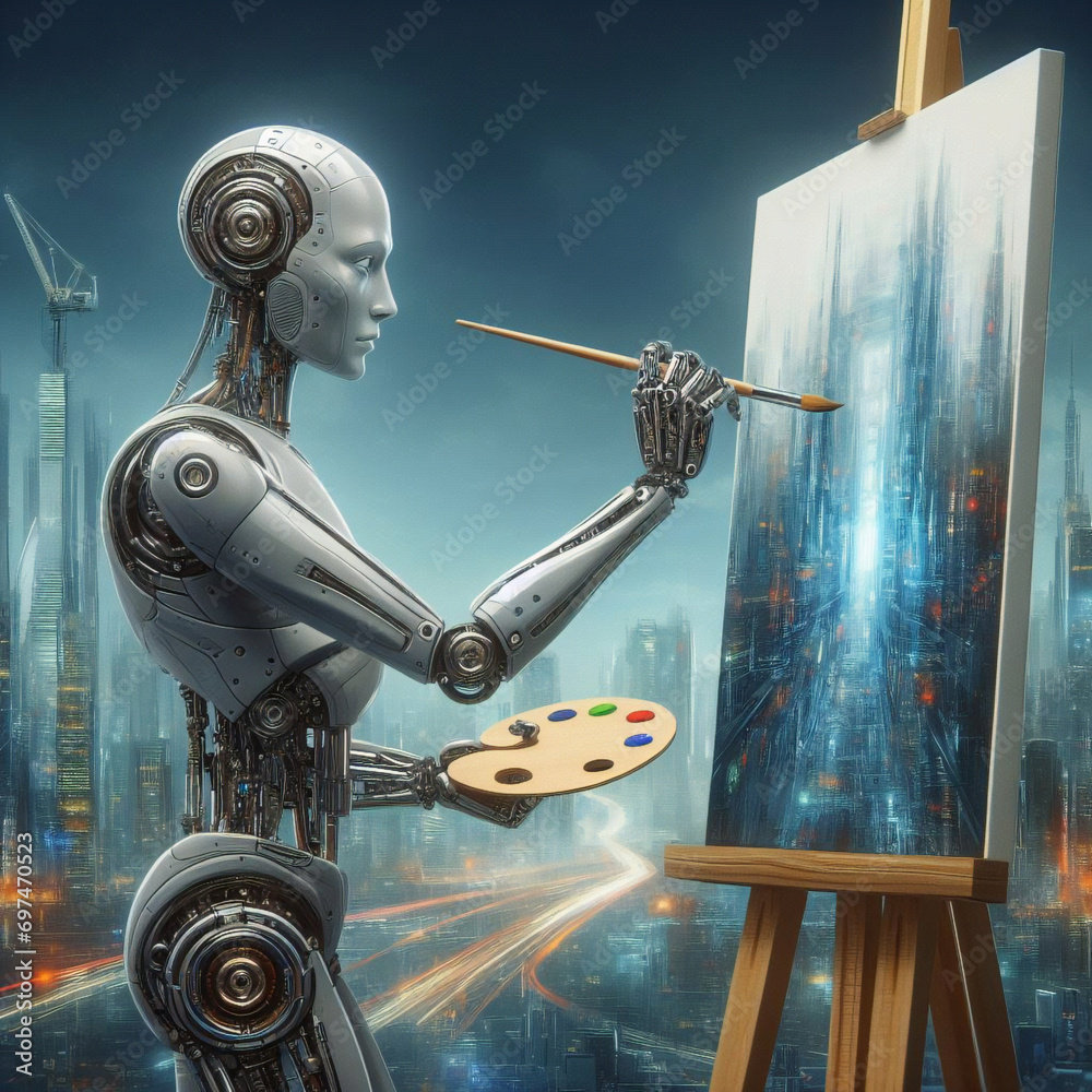Humanoid robot artist painting a portrait on a canvas in an artist ...