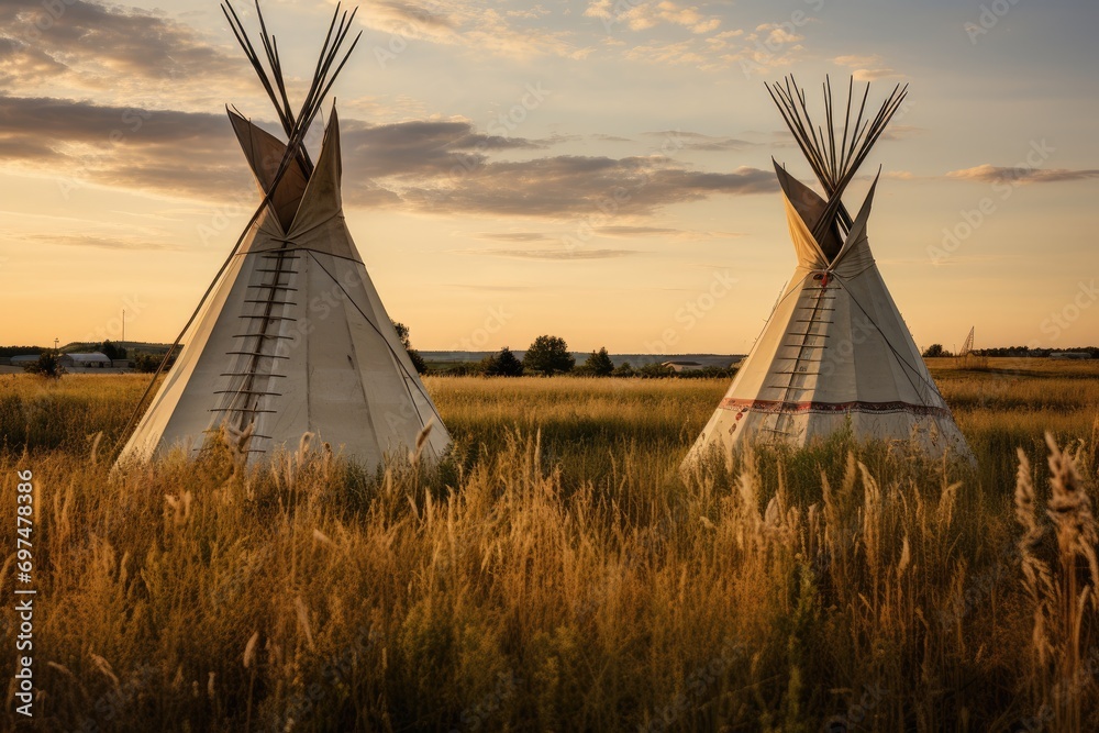 Teepee in the field at sunset. Vintage style photo, First Nations tipis ...