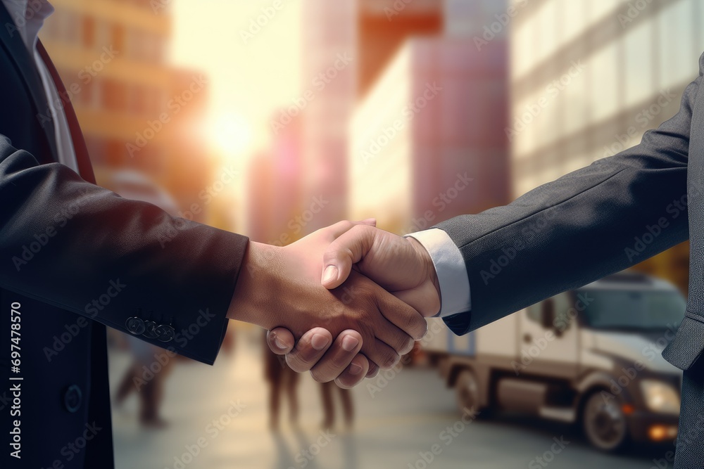 Businessman and businesswoman shaking hands on blurred background ...