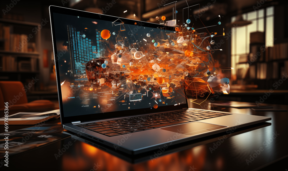 laptop on a table ,An explosive message pops up from the screen Stock ... laptop on a table ,An explosive message pops up from the screen Stock ...