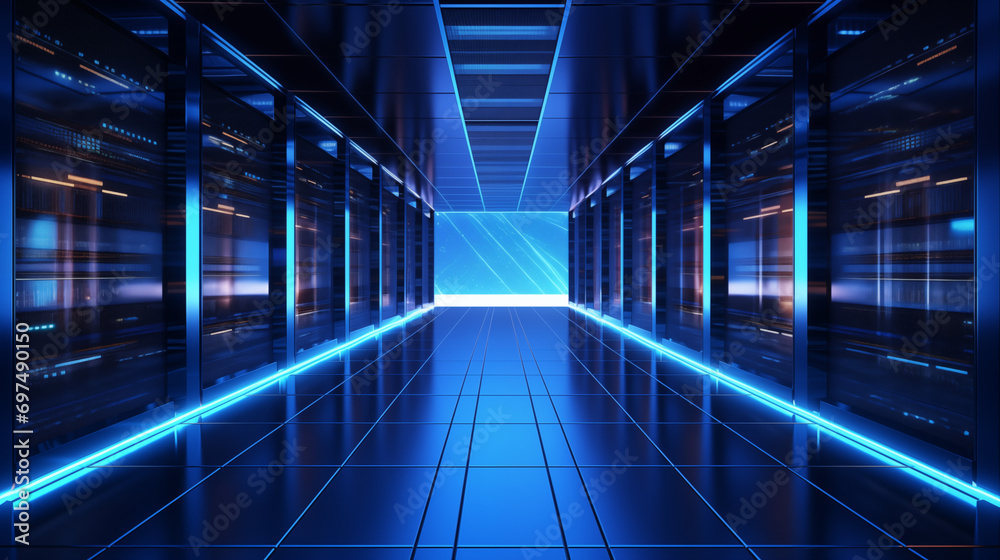 Inside of a modern data center. Blue neon lights illuminating long ...