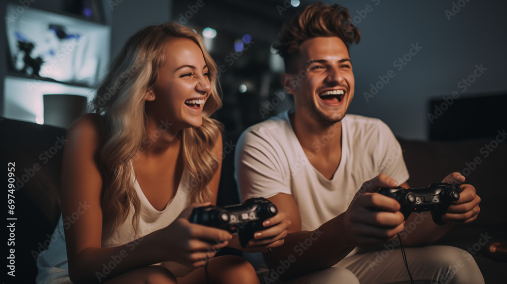 Young couple playing video games on a gaming console, using controllers ...